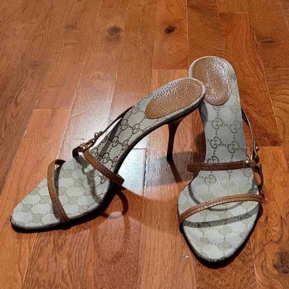 Gucci | Shoes | Gucci Leather Monogram Canvas Heel Sandals | Poshmark